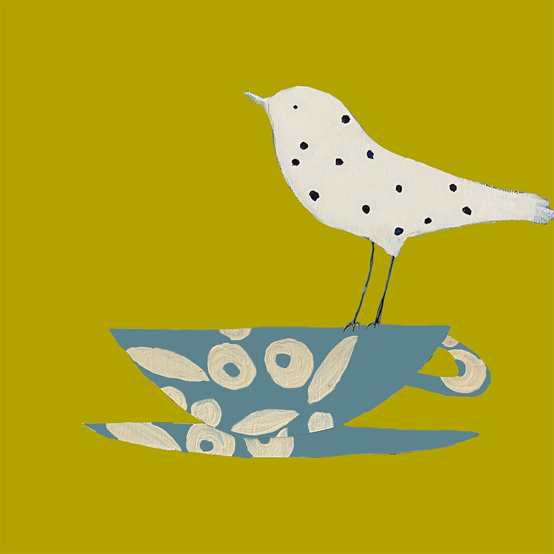 Dotty Bird with her Teacup greetings card – Print Circus
